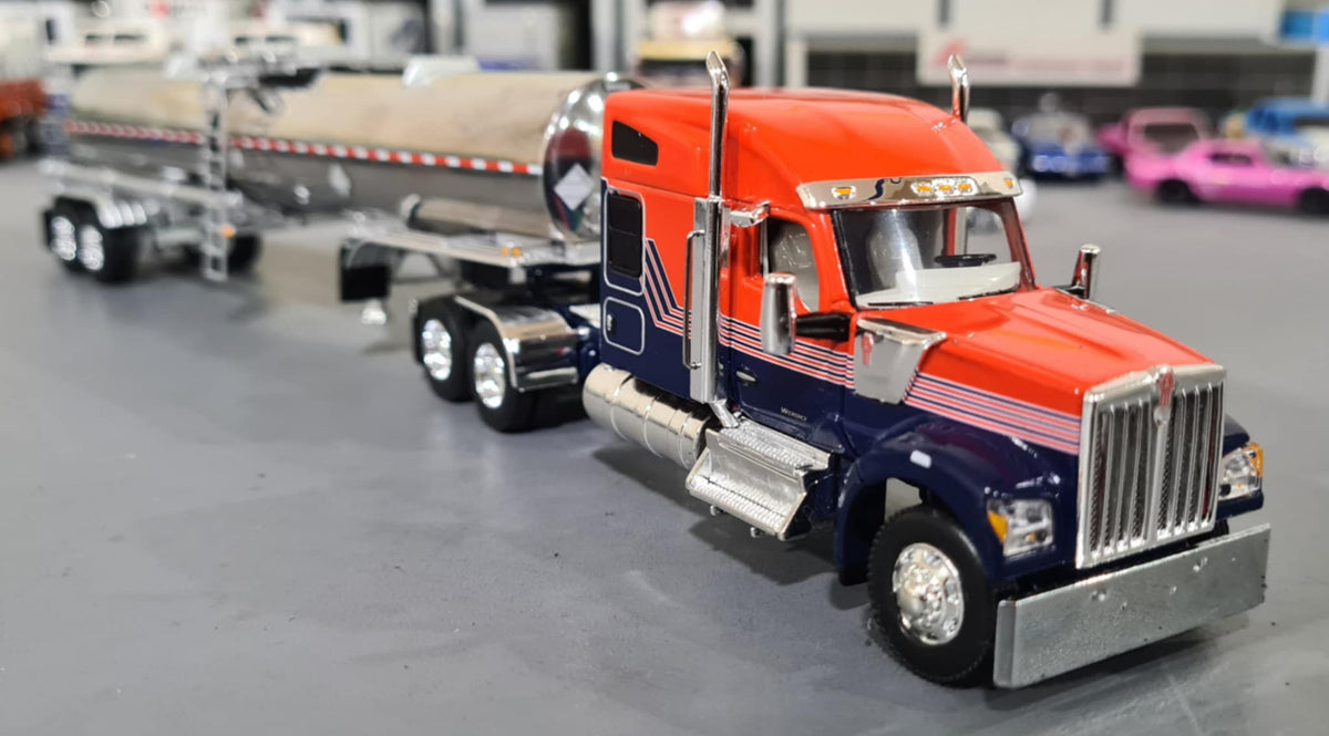 1/64 DCP / FIRST GEAR RED AND BLUE KENWORTH W990 WITH TANKER TRAILER 6 ...