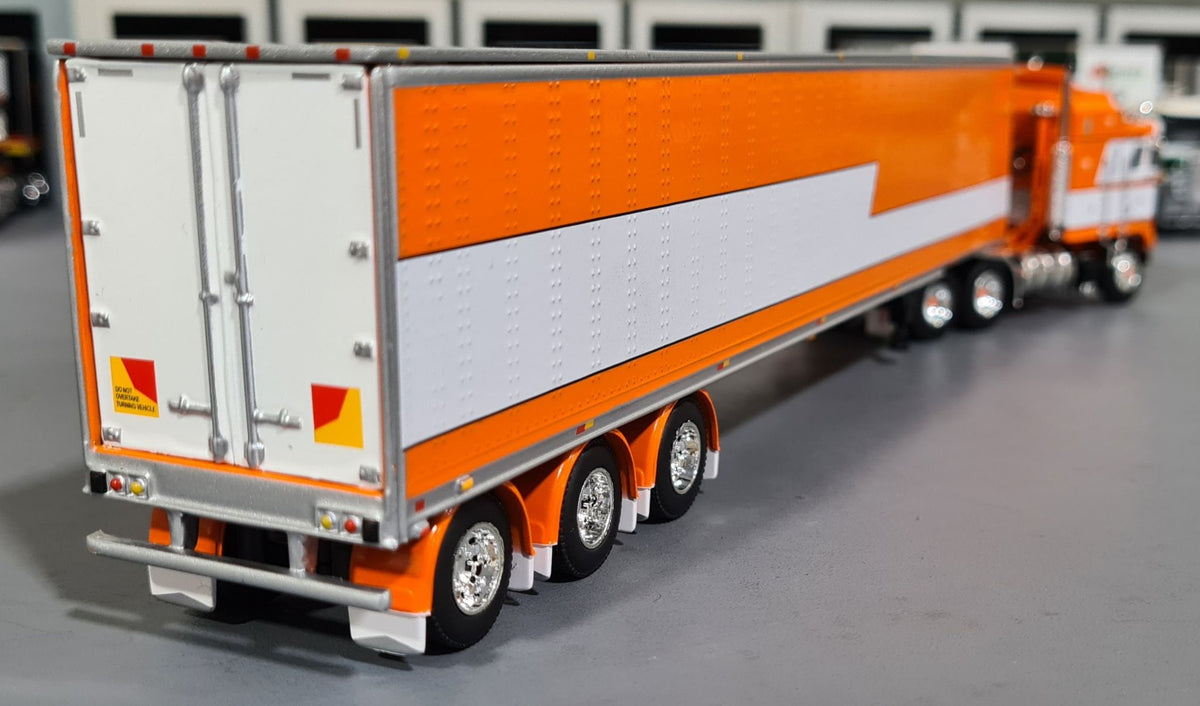 DCP / FIRST GEAR K100 KENWORTH ORANGE/WHITE WITH TRI AXLE TRAILER ...